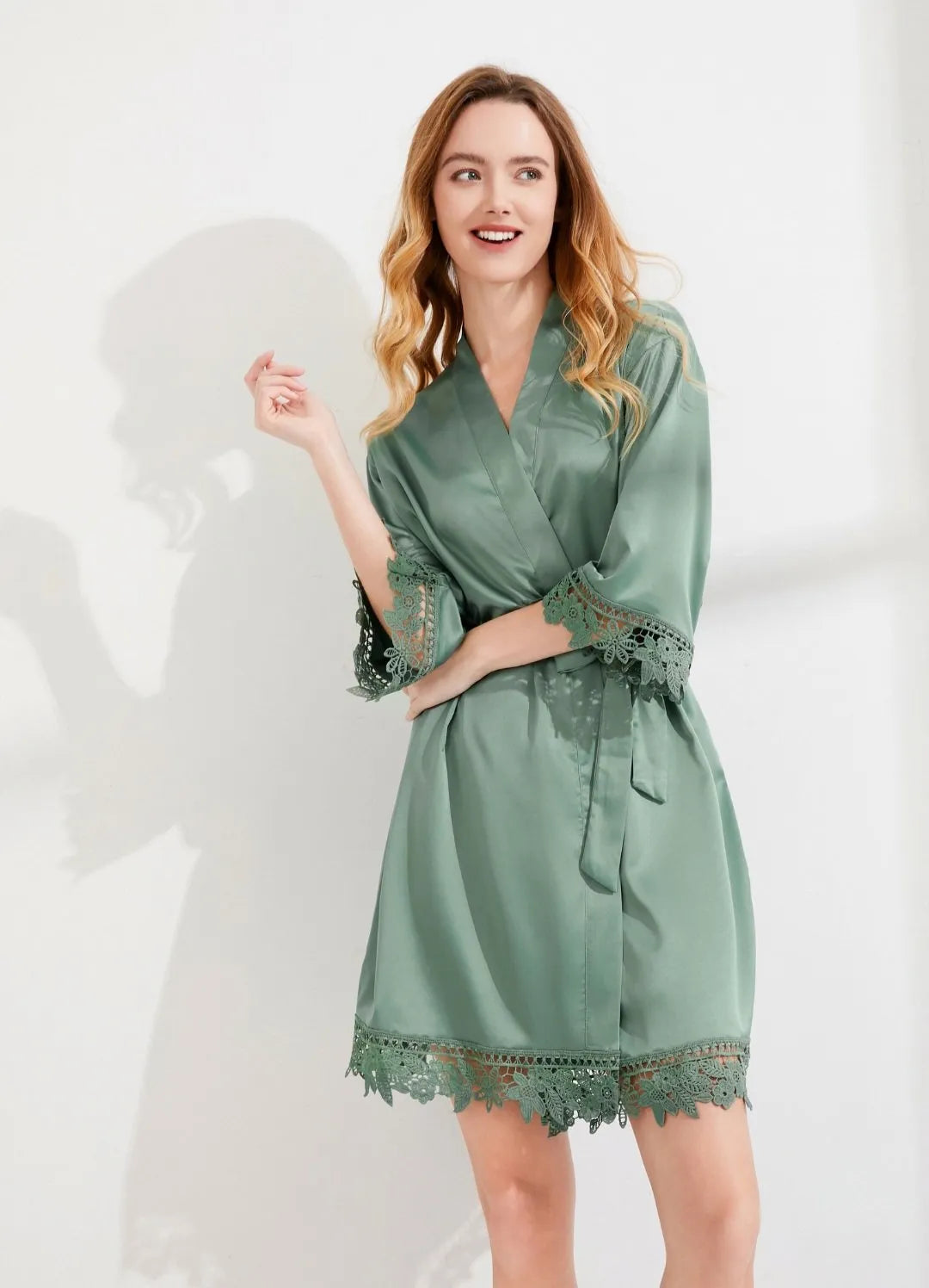 Sage Green Thick Satin Lace Robe – SHOWER GODDESS